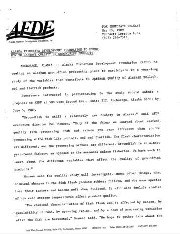 AFDF Press Release, March 15, 1989 "AFDF to Study How to Improve ...