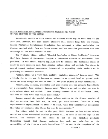 AFDF Press Release, Feb. 5, 1990 "AFDF to Release New Video on Fish ...